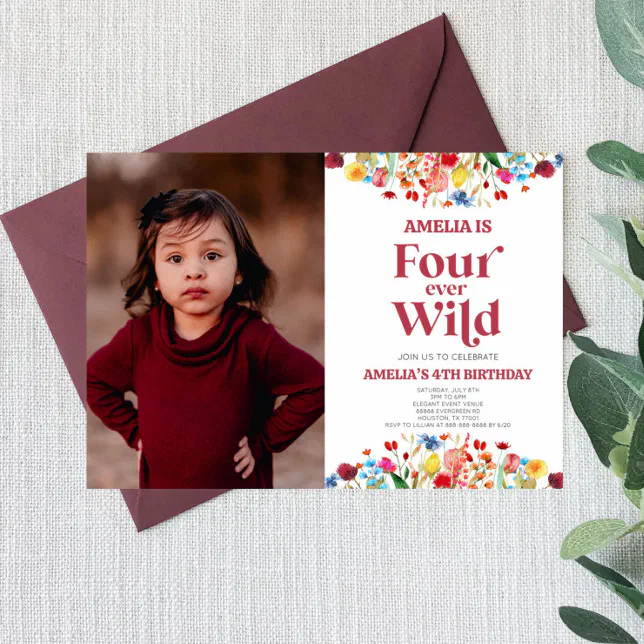 Four Ever Wild Wildflower Photo 4th Birthday Party Invitation | Zazzle