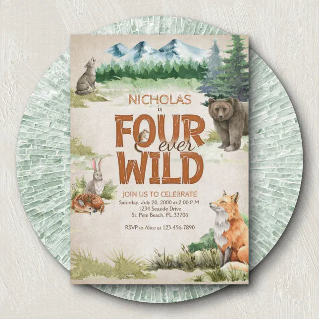 Four Ever Wild Woodland Animal 4th Birthday Invitation | Zazzle