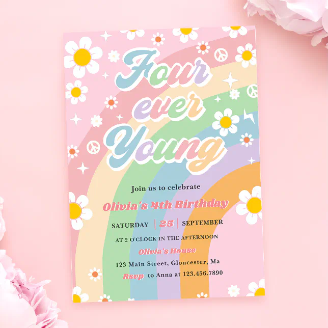 Four Ever Young Groovy Daisy Rainbow 4th Birthday Invitation | Zazzle