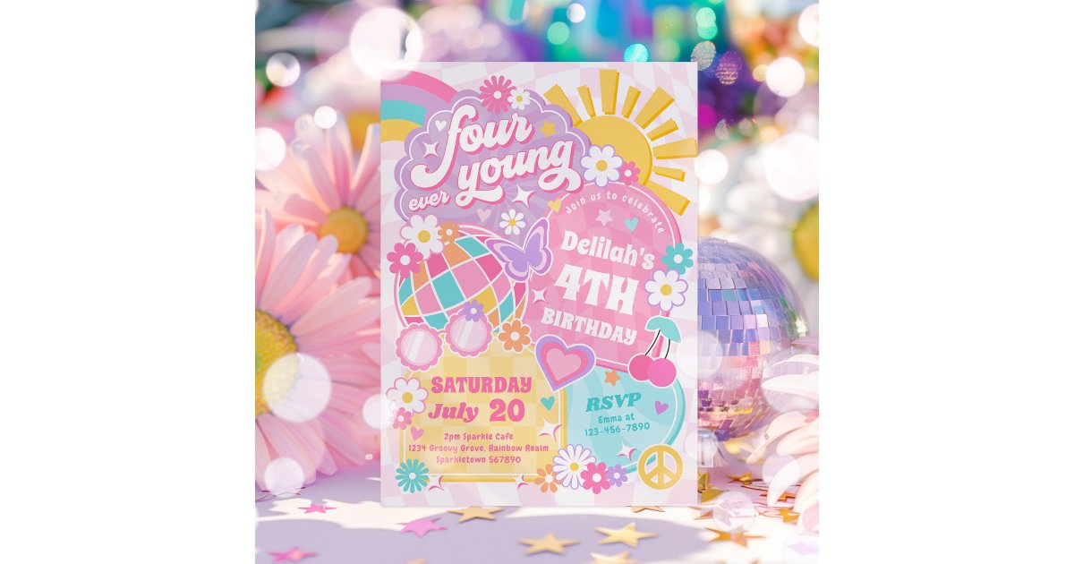 Four Ever Young Groovy Rainbow 4th Birthday Party Invitation | Zazzle