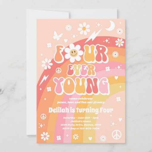 Four Ever Young Hippie 4th Birthday Party Invitation | Zazzle