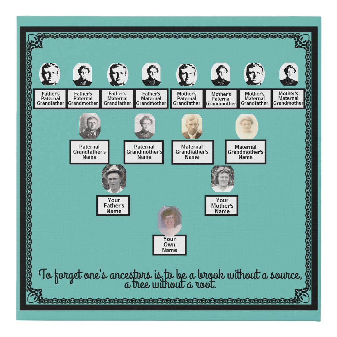 Four Generation Family Tree Black Border Teal Faux Canvas Print | Zazzle