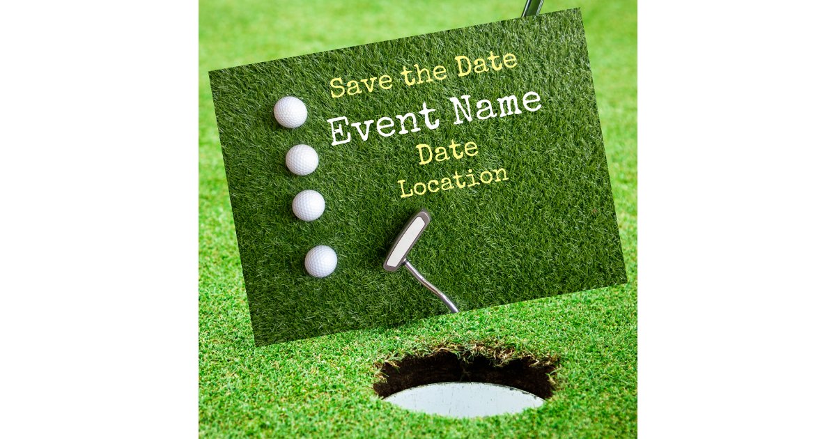 Four golf balls with putter Save the Date Announcement Postcard | Zazzle