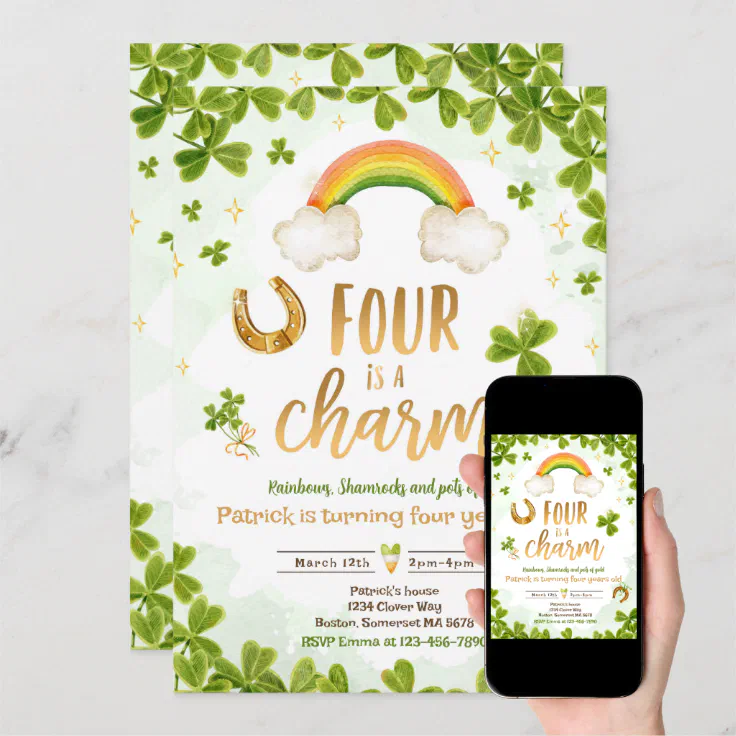 Four Is A Charm St Patrick's 4th Birthday Party Invitation | Zazzle