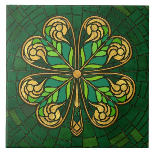 Four-leaf clover - Green and Gold Mosaic Ceramic Tile | Zazzle