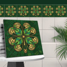 Four-leaf clover - Green and Gold Mosaic Ceramic Tile | Zazzle