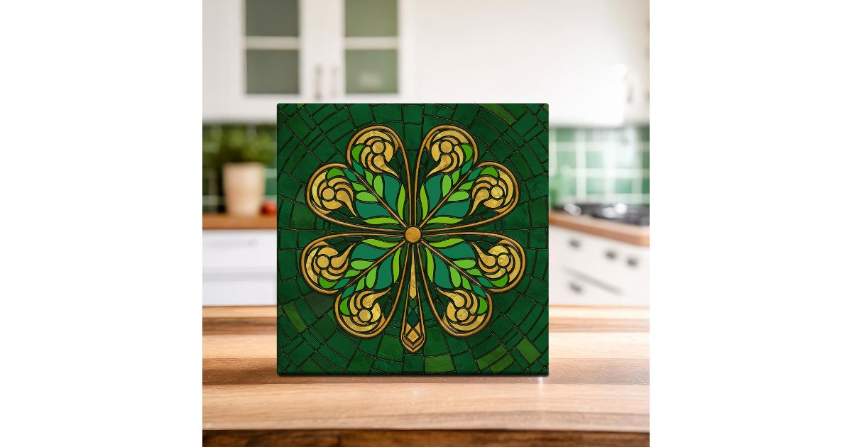 Four-leaf clover - Green and Gold Mosaic Ceramic Tile | Zazzle