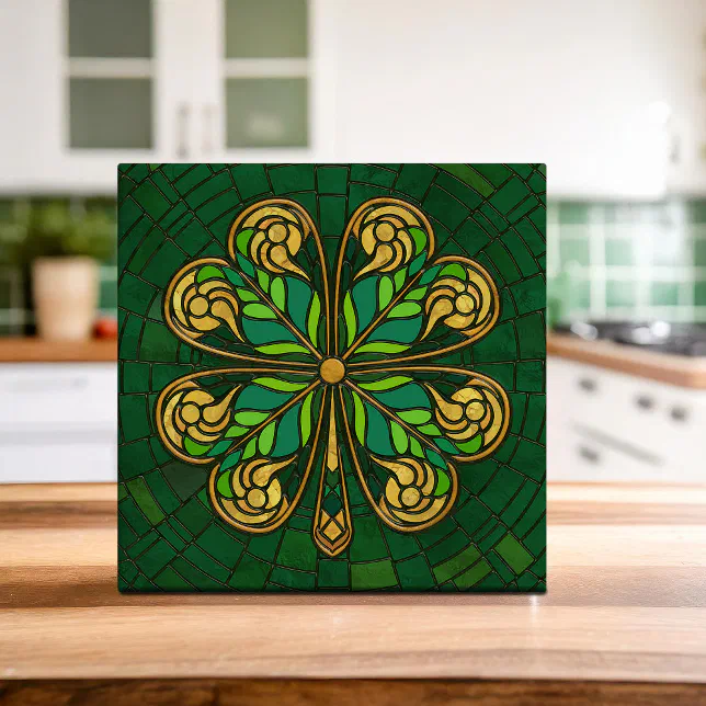 Four-leaf clover - Green and Gold Mosaic Ceramic Tile | Zazzle