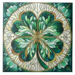 Four-leaf clover - green marble and gold ceramic tile | Zazzle