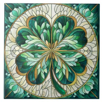 Four-leaf clover - green marble and gold ceramic tile | Zazzle