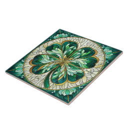 Four-leaf clover - green marble and gold ceramic tile | Zazzle