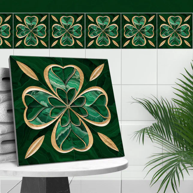 Four-leaf clover - Green Marble and Gold Ceramic Tile | Zazzle