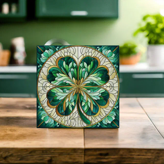 Four-leaf clover - green marble and gold ceramic tile | Zazzle