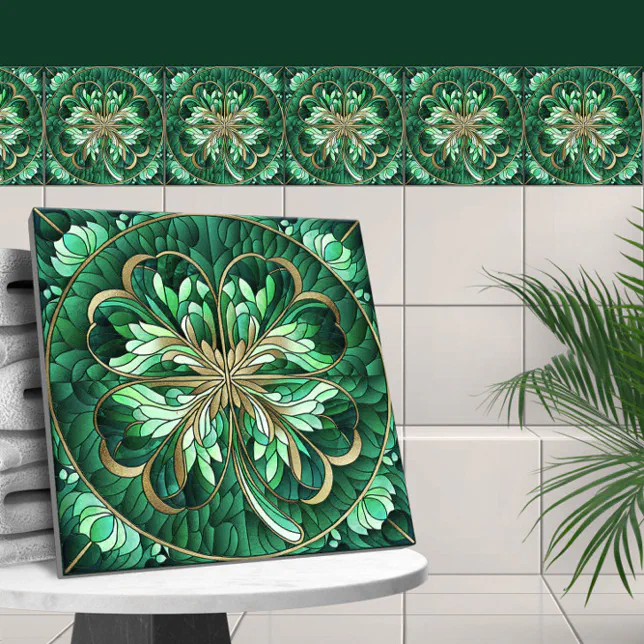 Four-leaf clover - green marble and gold ceramic tile | Zazzle
