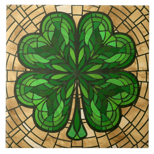 Four-leaf clover - Green Marble and Gold Mosaic Ceramic Tile | Zazzle