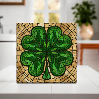 Four-leaf clover - Green Marble and Gold Mosaic Ceramic Tile | Zazzle