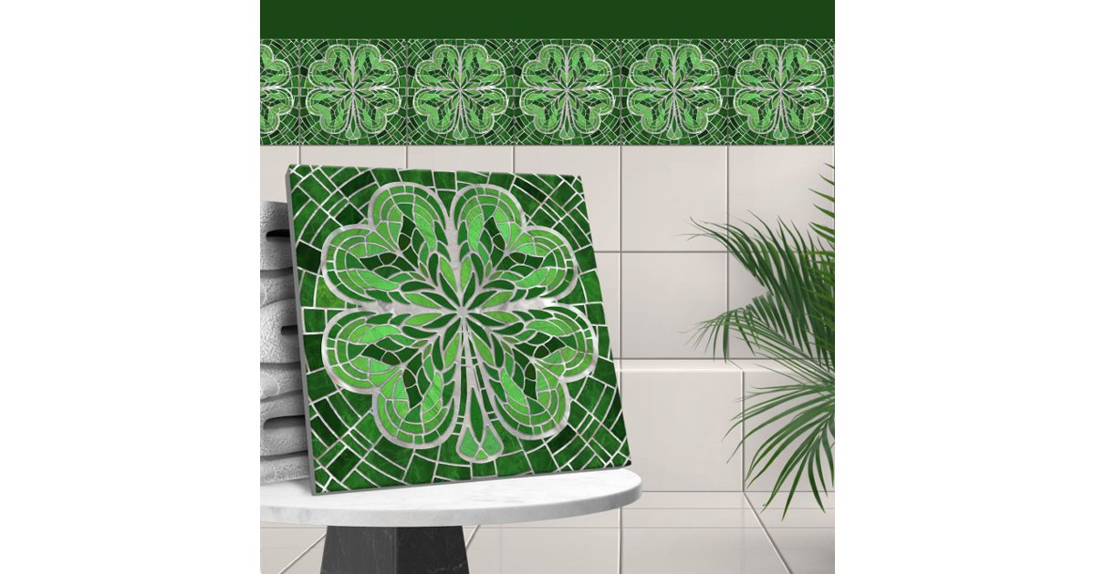 Four-leaf clover - Green Marble and Pearl Ceramic Tile | Zazzle