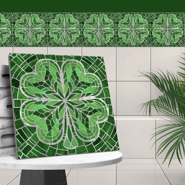 Four-leaf clover - Green Marble and Pearl Ceramic Tile | Zazzle