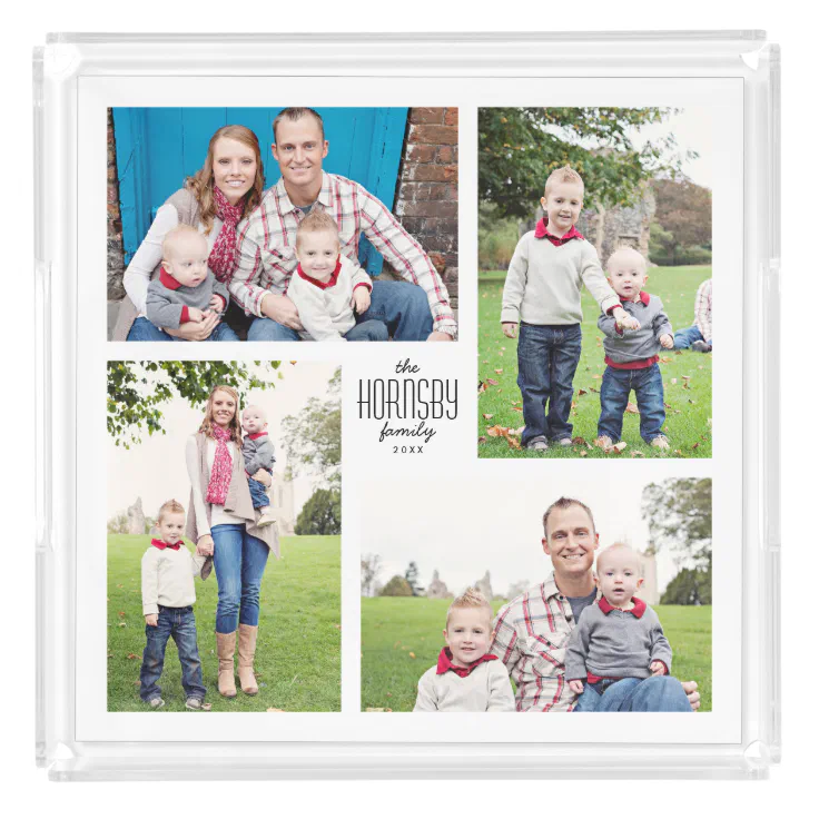 Four Photo Collage Tray with Family Name Text | Zazzle