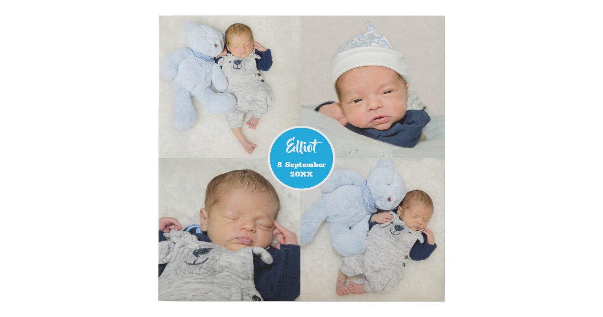 Four Photos Baby Boy Collage Name Date Faux Canvas Print | Zazzle