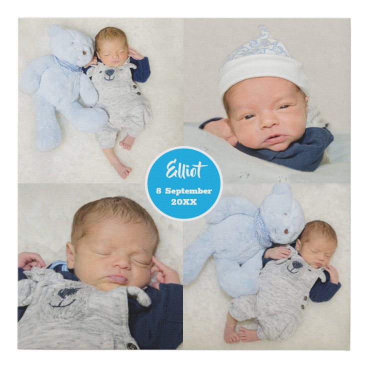 Four Photos Baby Boy Collage Name Date Faux Canvas Print | Zazzle
