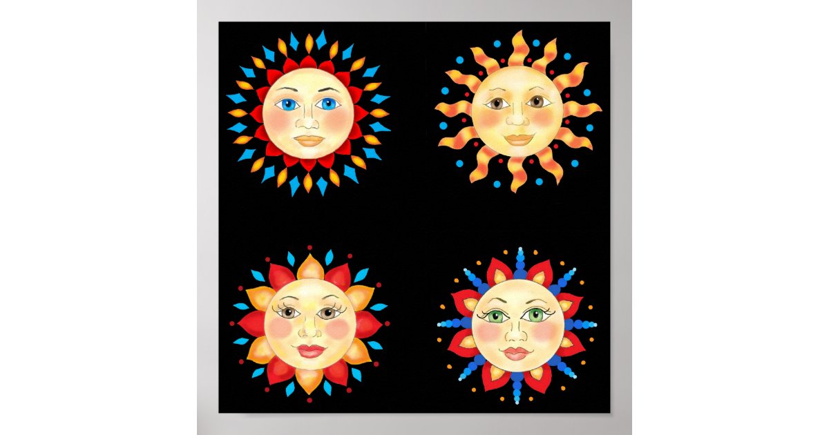 Four Sun Faces Poster | Zazzle