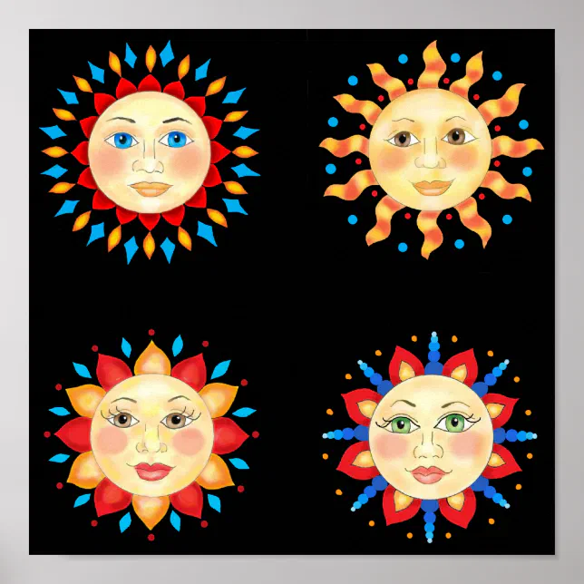 Four Sun Faces Poster | Zazzle