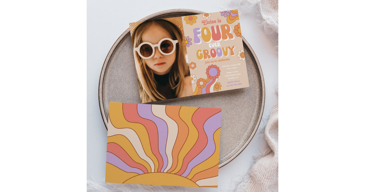 Fourever Groovy Photo Invitation | 4th Birthday | Zazzle