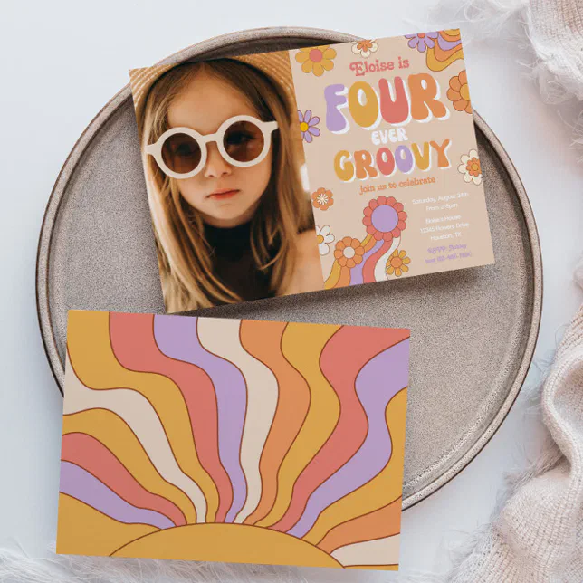Fourever Groovy Photo Invitation | 4th Birthday | Zazzle
