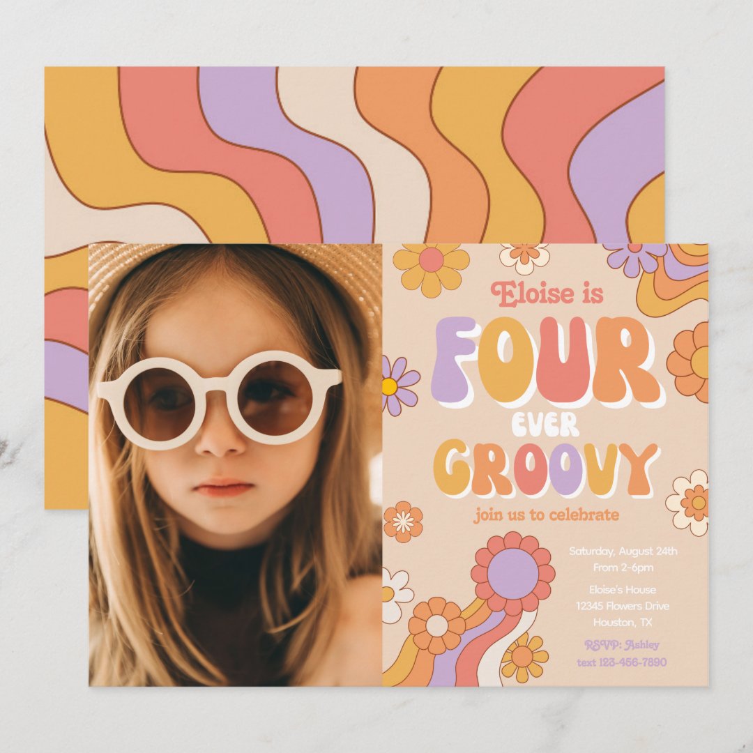 Fourever Groovy Photo Invitation | 4th Birthday | Zazzle