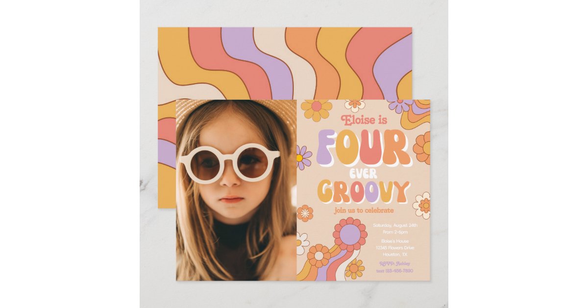 Fourever Groovy Photo Invitation | 4th Birthday | Zazzle