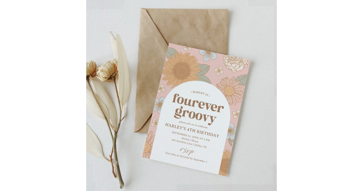 Fourever Groovy Retro Floral 4th Birthday Invitation | Zazzle