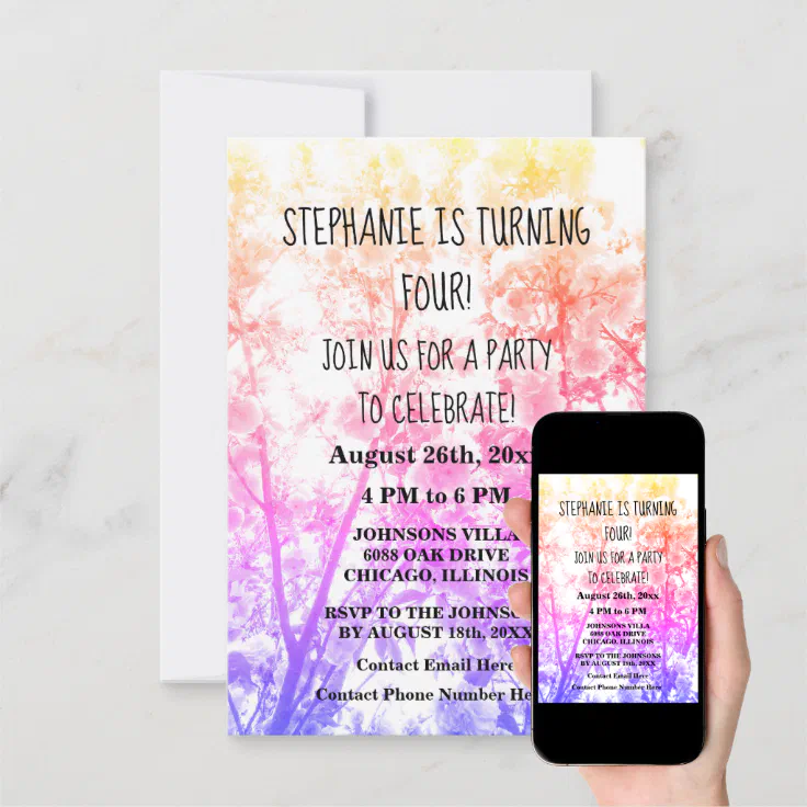 Fourth Birthday Party Custom Name Pink Floral Cute Invitation | Zazzle