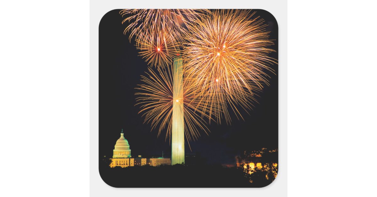 Fourth of July, Firework Display, Skyline Square Sticker | Zazzle