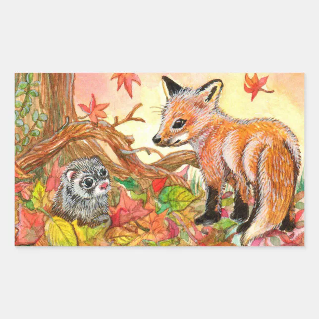 Fox and Ferret in Autumn Leaves Rectangular Sticker | Zazzle