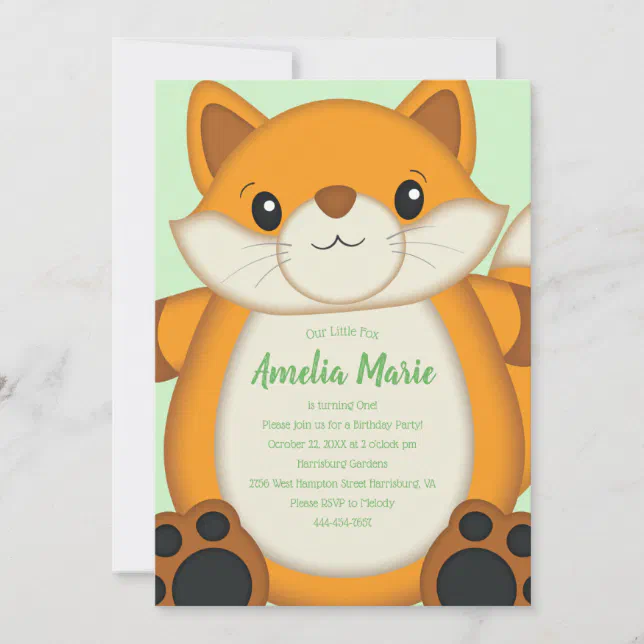 Fox Birthday Party Green Invitation | Zazzle
