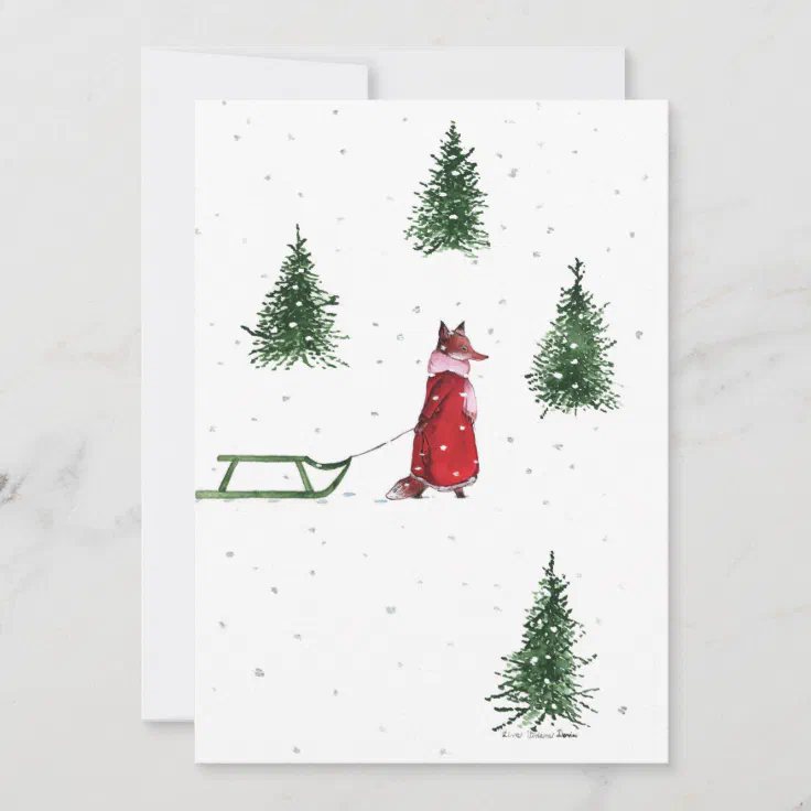 Fox dashing through the snow winter illustration holiday card | Zazzle