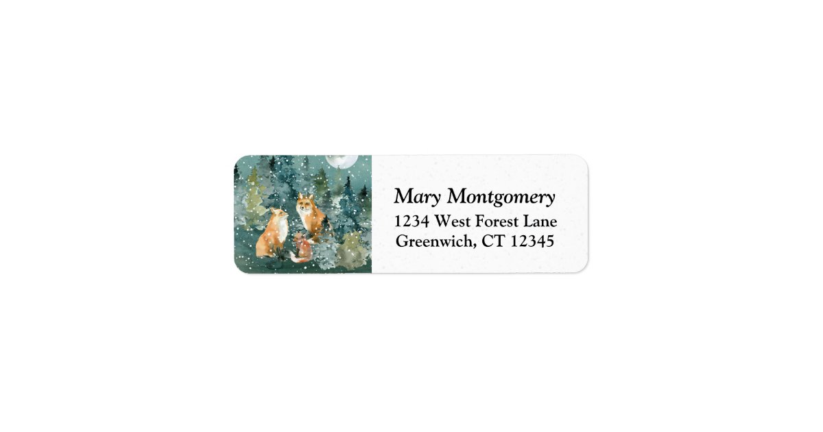 Fox Family Forest Full Moon Snow Return Address Label | Zazzle