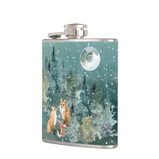 Fox Family in Forest Full Moon Snowfall Flask | Zazzle
