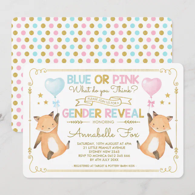 Fox Gender Reveal Baby Shower Blue Pink Gold Invitation | Zazzle