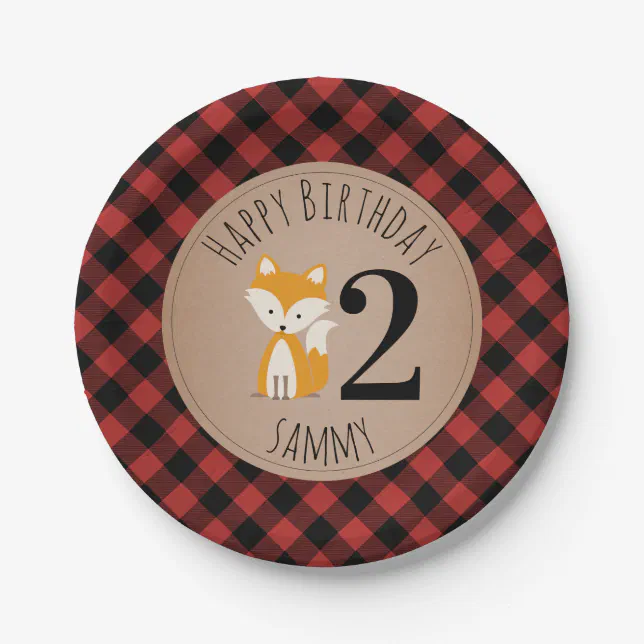Fox Lumberjack Plaid Baby Birthday Paper Plates | Zazzle