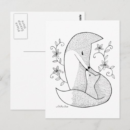 Fox mom & baby Postcard Fox ink drawing Art Card | Zazzle