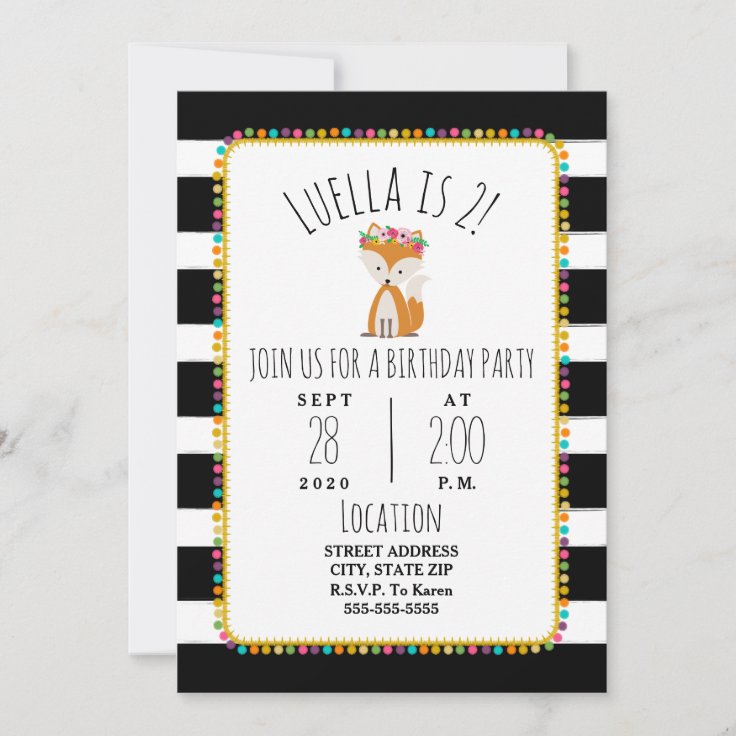 Fox Pompom Stripes Party Invitation | Zazzle