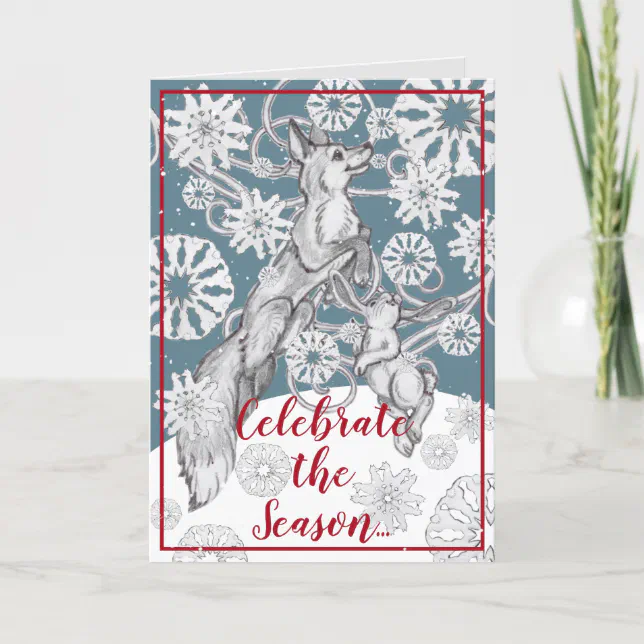 Fox & Rabbit Snowflakes Festive Blue Christmas Holiday Card | Zazzle