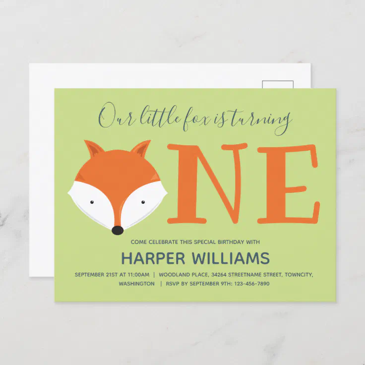 Fox Turning One First Animal Birthday Invitation Postcard | Zazzle