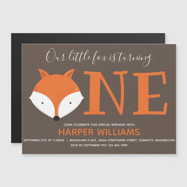 Fox Turning One First Animal Birthday Magnetic Invitation | Zazzle