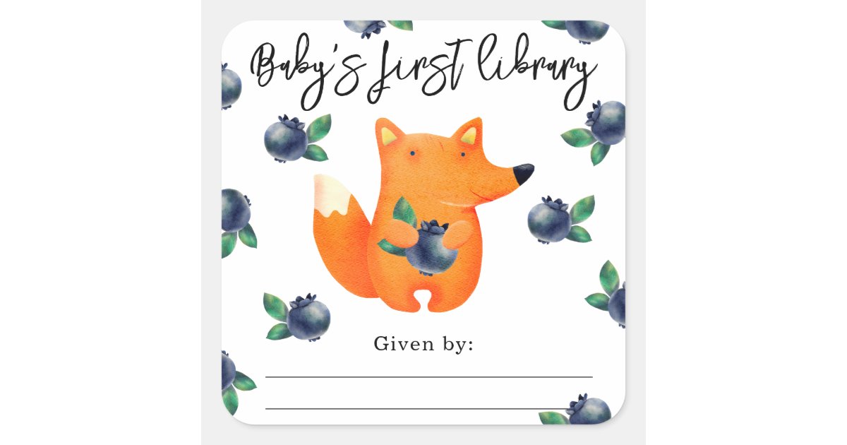 Fox with blueberry - baby's first library square sticker | Zazzle