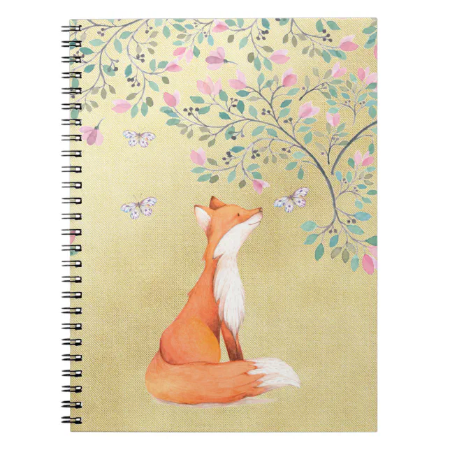 Fox with Butterflies and Pink Flowers Notebook | Zazzle