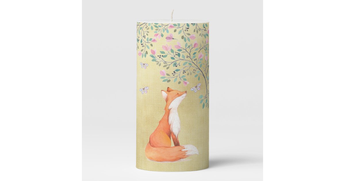 Fox with Butterflies and Pink Flowers Pillar Candle | Zazzle