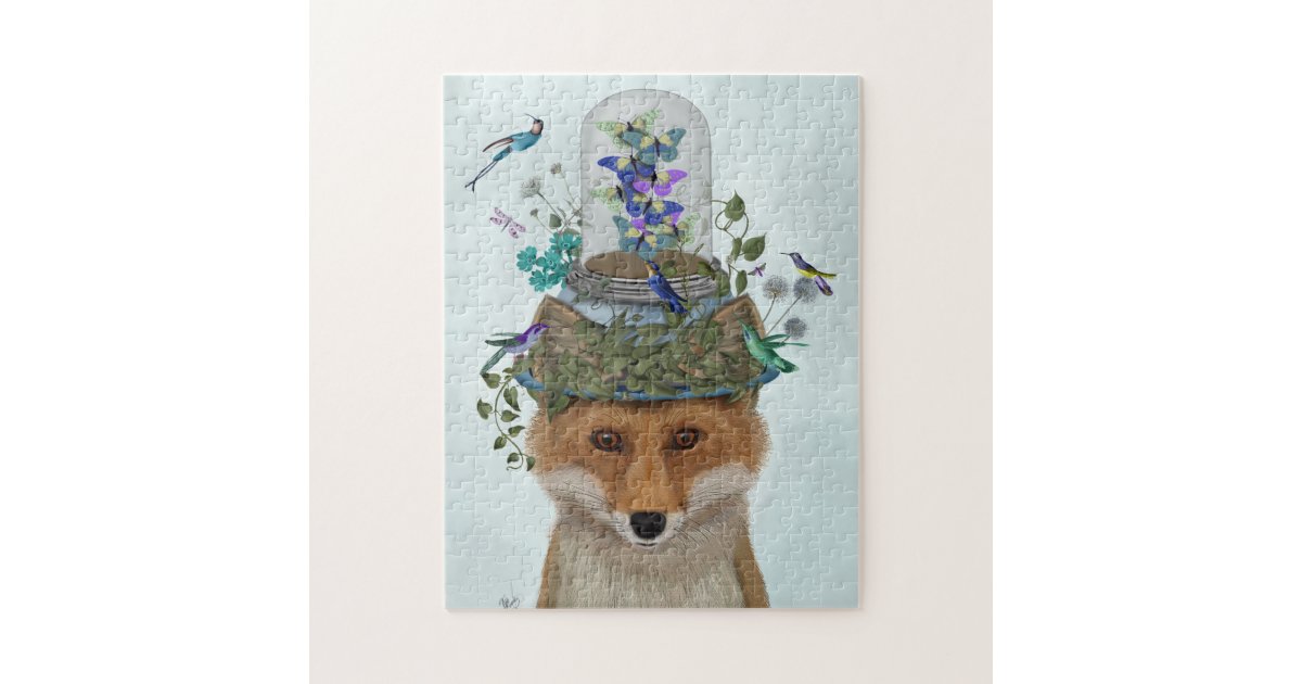 Fox with Butterfly Bell Jar Jigsaw Puzzle | Zazzle